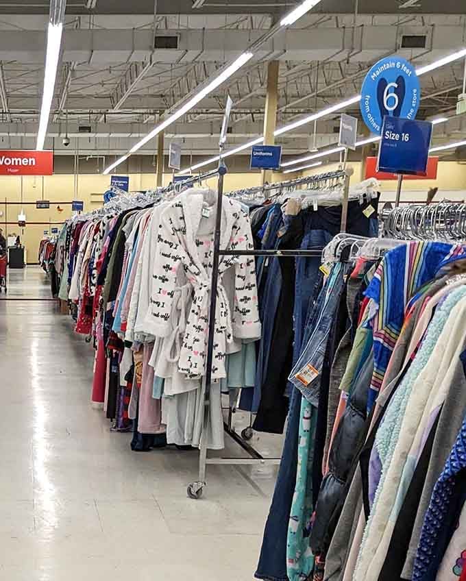 Women's clothing stretches into the distance, proving that fashion doesn't require a second mortgage.