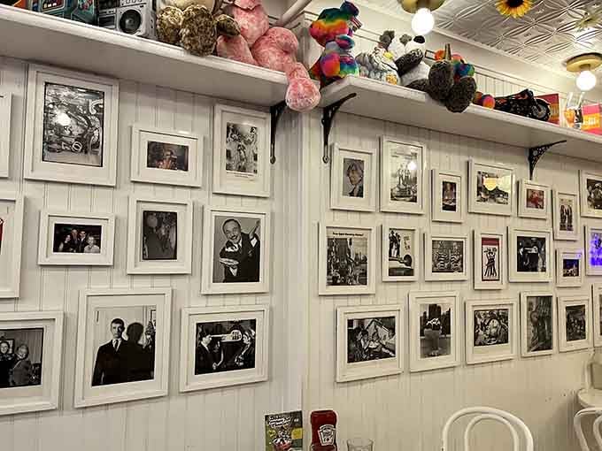 Vintage photographs covering every inch of wall space tell decades of stories while you devour your own sweet chapter.