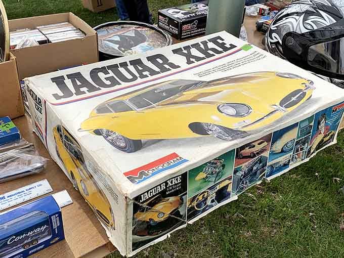 A vintage Jaguar XKE model kit, because some dreams fit better in boxes than garages anyway.