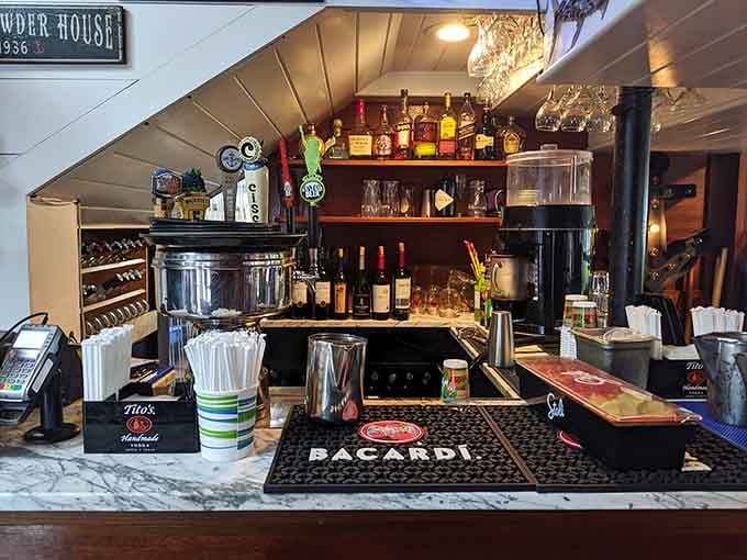 The bar area keeps things simple and welcoming, perfect for a cold beer after a beach day.
