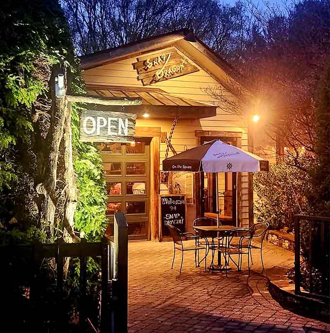 Evening glow transforms this patio into the coziest spot in the mountains for dinner and drinks.