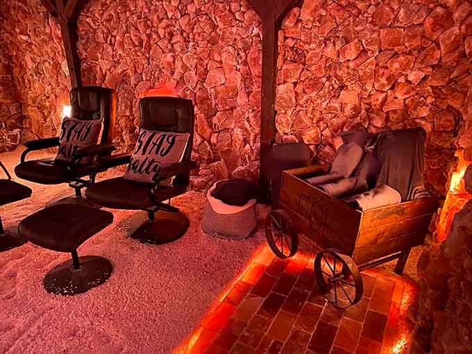 Swivel chairs offer different perspectives of the glowing walls, because sometimes you need to change your view mid-meditation.