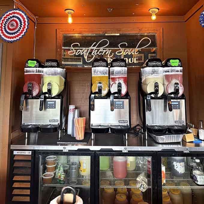 Frozen drink machines offering sweet relief between bites of perfectly seasoned, gloriously smoked meats.