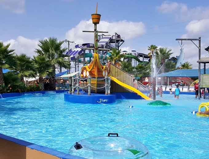 The waterpark section features slides that twist and turn like your stomach will in about five seconds.