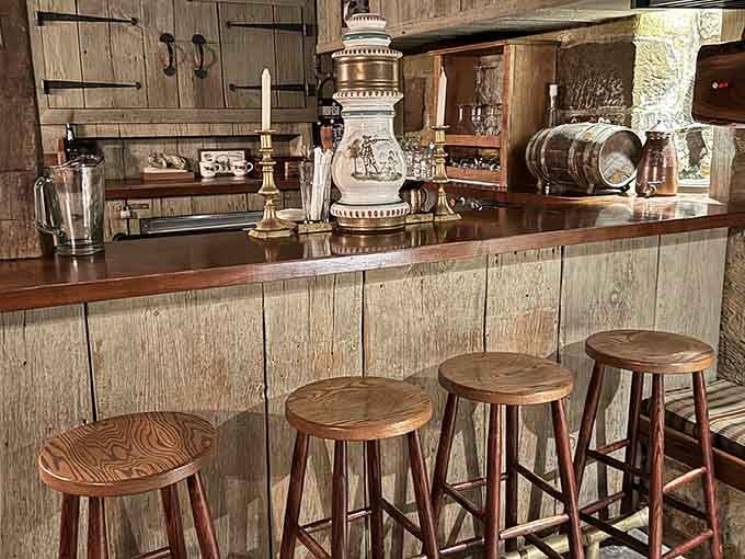 Belly up to this authentic bar where the copper accents shine brighter than your future.
