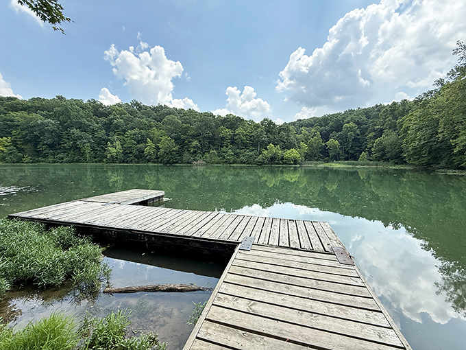 This tranquil lake offers fishing and reflection, though probably more of the latter than the former.