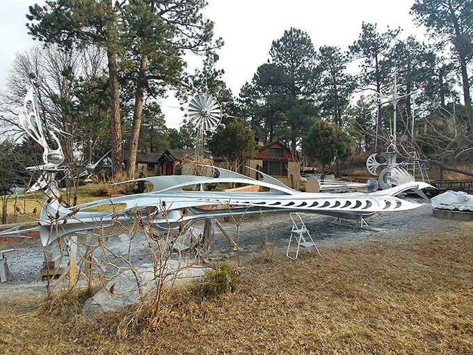 This massive kinetic creation dominates the yard, its bird-like form suggesting both prehistoric creature and spacecraft from tomorrow's dreams.