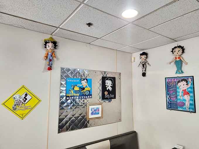 Betty Boop dolls and vintage posters transform the walls into a celebration of cartoon history done right.