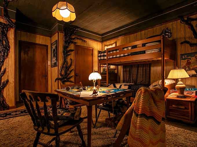 The bedroom setup complete with bunk beds and a gaming table, because saving the world requires proper strategic planning space.