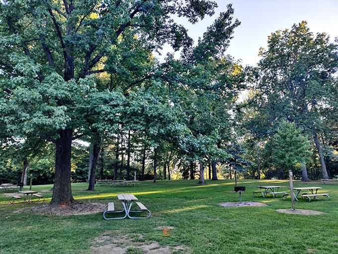 Classic picnic tables dot the lush green space, inviting you to linger after marveling at the attractions.