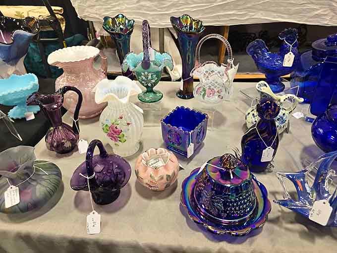 Carnival glass in cobalt and amethyst catches light like precious gems your great-aunt kept locked away.