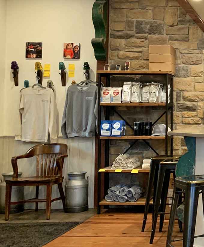 Even the merchandise corner has personality, because why shouldn't your coffee shop sell you a souvenir of joy?