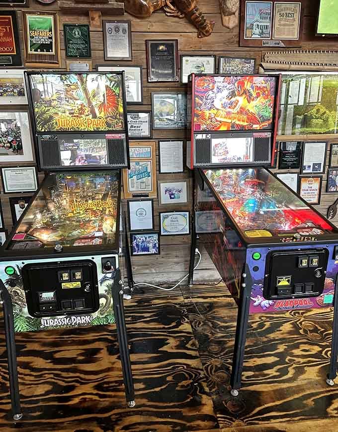 Jurassic Park pinball machines provide entertainment while you wait, because even nostalgia tastes better here.
