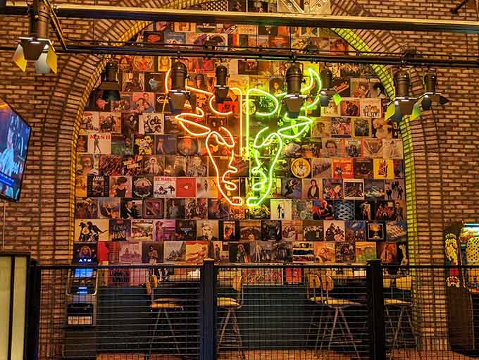 That neon sign and album collection create the kind of vibe that makes you want to stay awhile.