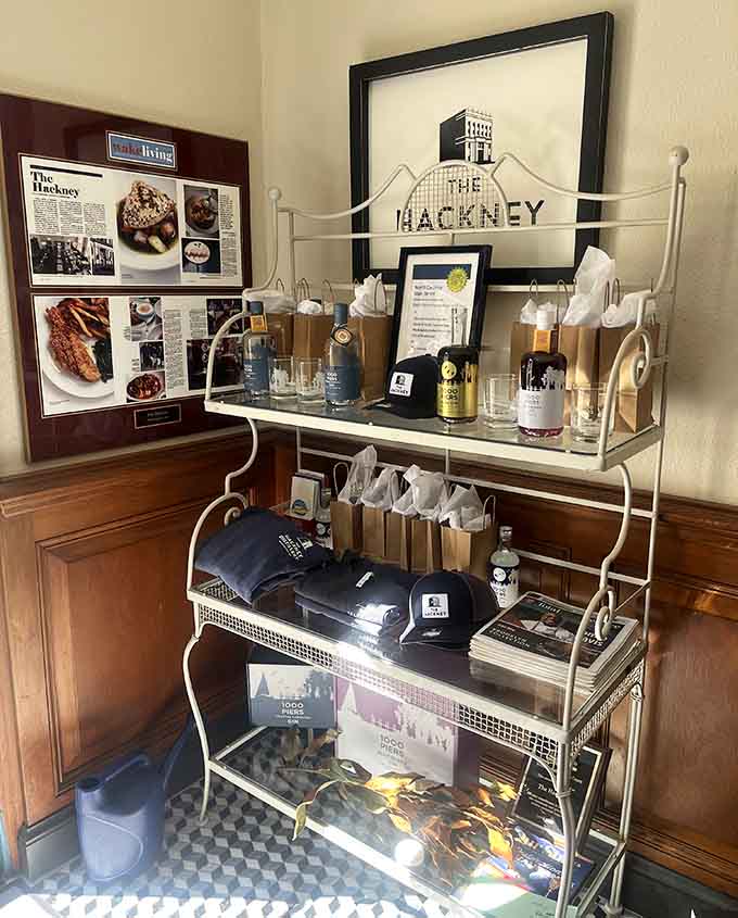 The Hackney's merchandise display shows they've earned enough local love that people want to take home branded souvenirs and memories.