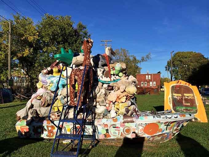 Noah's ark reimagined with stuffed animals and paint creates a vessel sailing through seas of urban renewal.