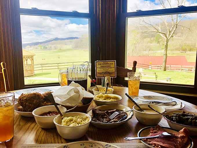Mountain views through the windows provide free entertainment while you contemplate your third helping of everything available.