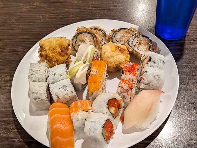 This sushi plate demonstrates the beautiful art of taking a little bit of everything and calling it research.