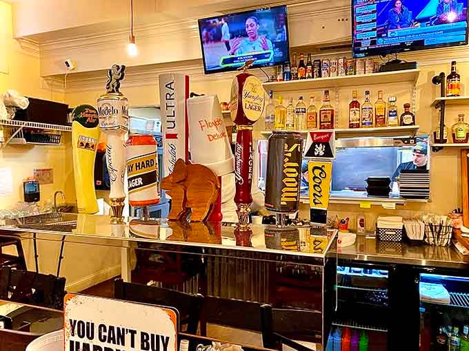 Beer taps standing ready for service, offering liquid refreshment to pair with all that glorious smoked goodness.