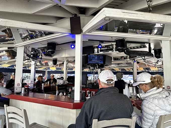 Bar seating with marina views where watching boats is the perfect accompaniment to your cold beverage.