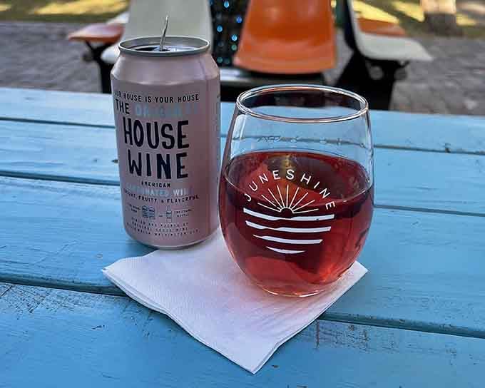 Canned wine meets stemware in a pairing that's both casual and classy, just like the lounge itself.