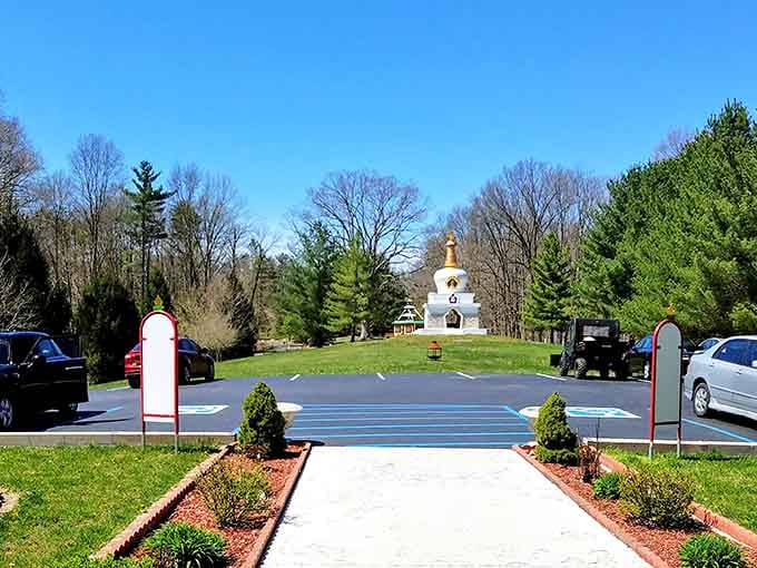 The parking lot view alone tells you this isn't your typical Indiana destination, with that stupa greeting arriving visitors.