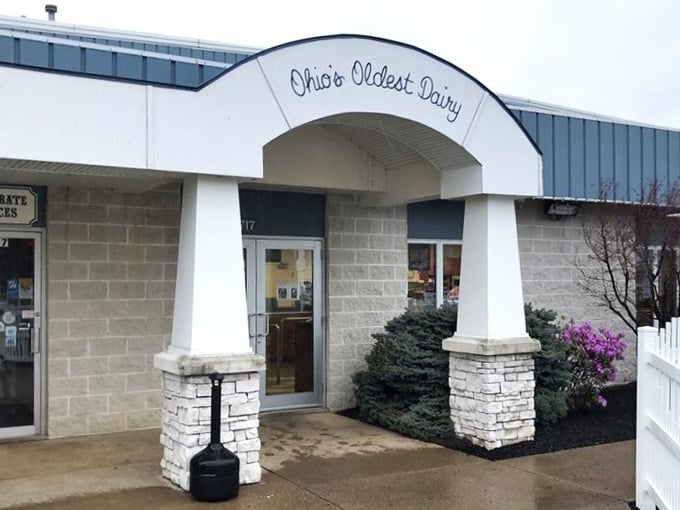 The entrance archway proclaims this dairy's historic status, inviting visitors to step into Ohio's sweetest time-honored tradition.