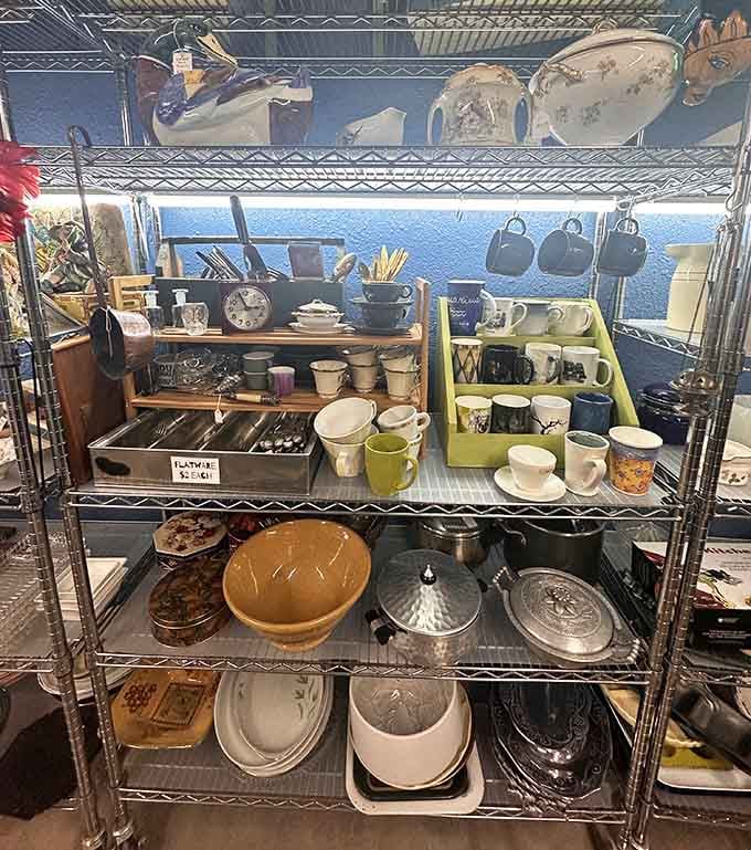 Kitchenware stacked like a culinary museum where everything's for sale and nothing costs a fortune.