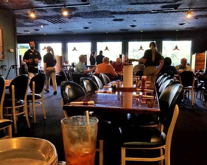 Those windows frame the Coosa River like nature's own television, providing entertainment between bites of delicious catfish.