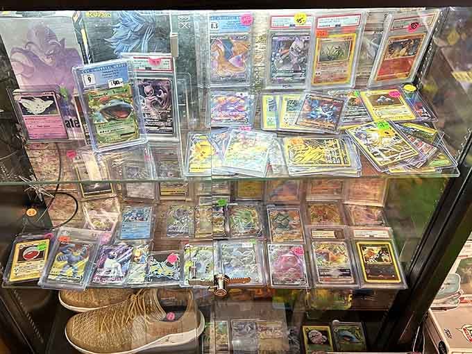 Collectible cards safely preserved behind glass, protecting childhood dreams and potentially funding someone's actual retirement someday.
