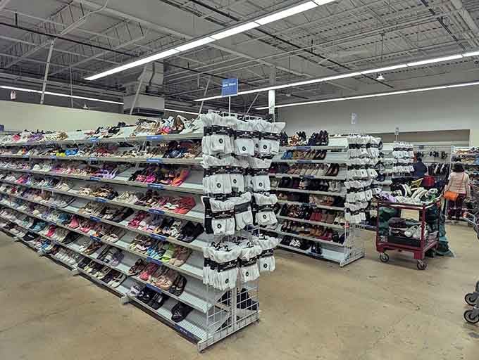 Women's shoes stretch across multiple aisles, proving that Cinderella wasn't the only one who deserved options at reasonable prices.