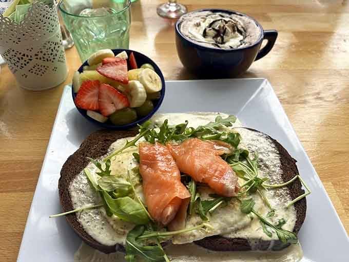 Smoked salmon on dark bread with arugula and cream, because brunch should always feel a little bit fancy and a lot delicious.