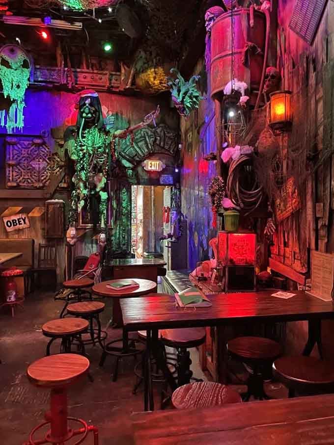 Vintage gaming consoles and eclectic seating create the ultimate nostalgia trip for your inner child.