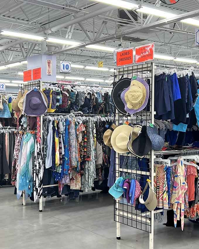 Hats and summer dresses create a colorful display that screams warm weather adventures on a budget.