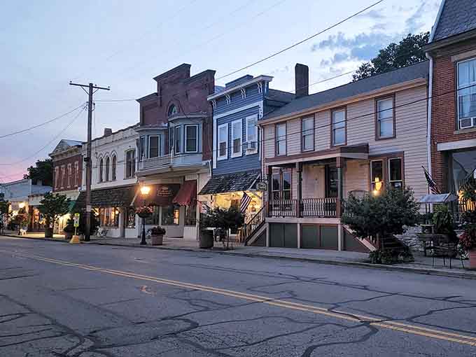 Downtown at dusk transforms into something magical, when the shop lights glow like welcoming beacons for treasure hunters.