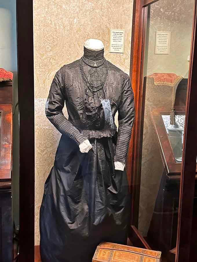 Victorian mourning attire on display, elegant and somber, worn during an era when grief had its own fashion rules.