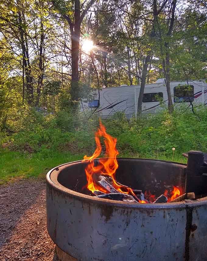 A campfire at dusk turns any campsite into the best seat in the house for nature's evening show.
