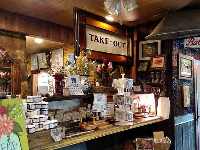 The take-out counter doubles as an art gallery. You can leave with lunch and a handmade treasure.