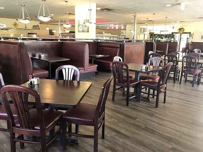 Booth seating and tables provide plenty of strategic positioning options for your multiple buffet reconnaissance missions.