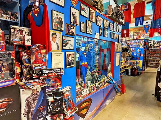 Inside the museum, walls overflow with Superman collectibles spanning decades of comic book history and pop culture nostalgia.