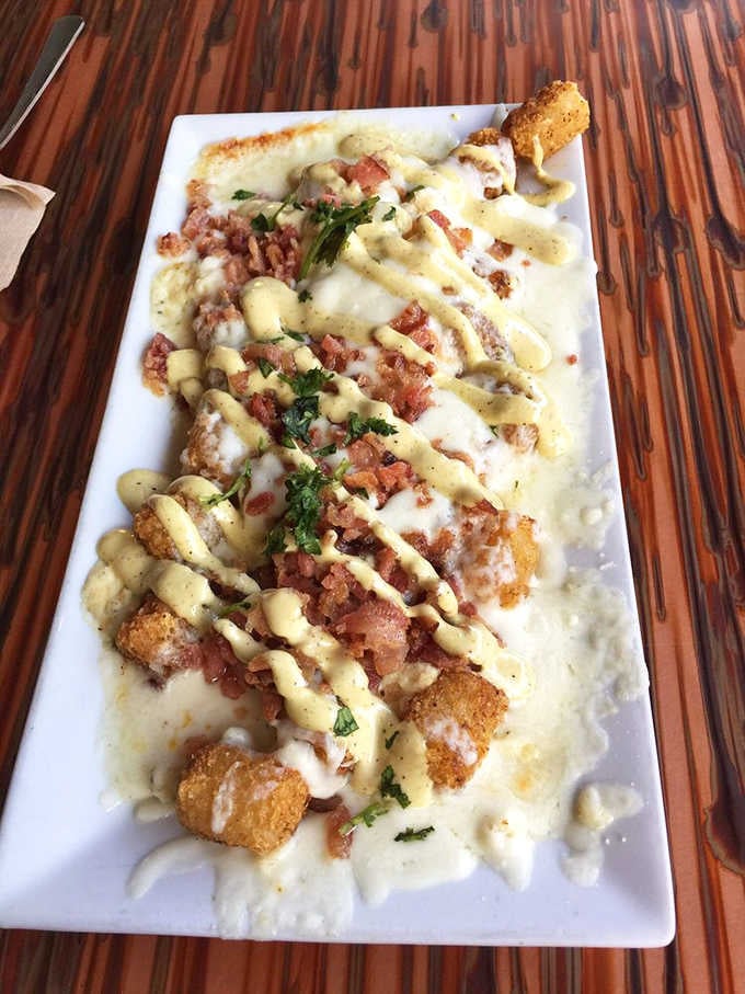 Tater tots drizzled with enough sauce to make you reconsider everything you thought about simple potatoes.