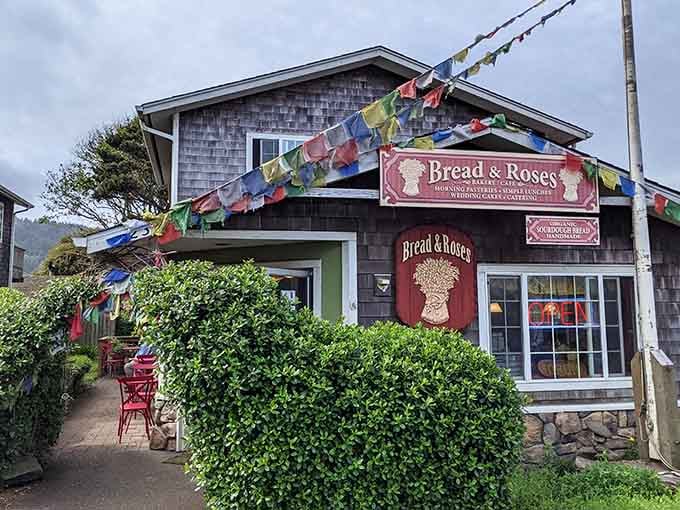 Bread & Roses Bakery's prayer flags and cozy vibe suggest the pastries inside are worth whatever calories you're about to consume.