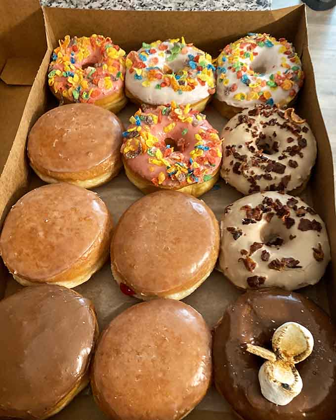 This dozen-pack showcases the beautiful variety available, from classic glazed to chocolate-covered and everything gloriously in between today.
