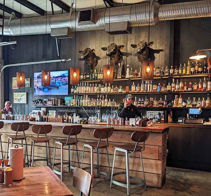 The bar area features enough whiskey to make any cowboy happy and those longhorn heads for atmosphere.