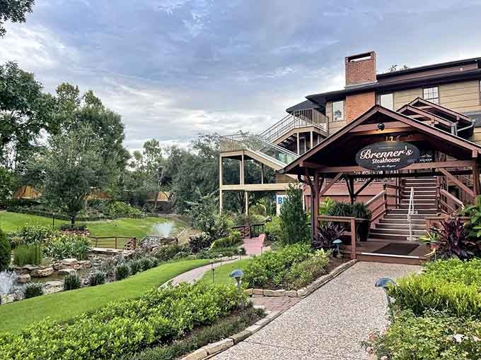 Lush gardens and waterside views make this steakhouse feel like a hidden retreat where nature meets perfectly aged ribeyes.