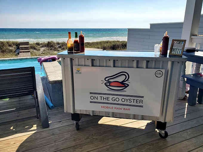 A mobile oyster bar with an ocean view behind it is basically the food truck dream come true.