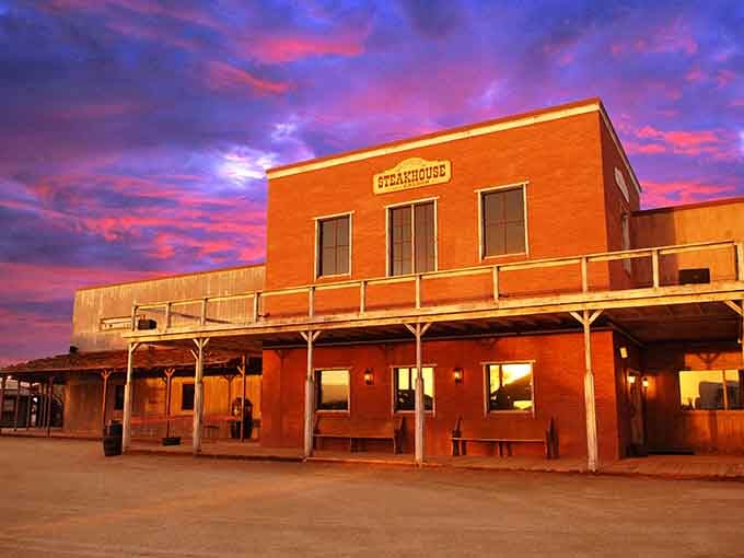Mother Nature painted the sky in watercolor perfection behind this steakhouse that honors cowboy heritage beautifully.