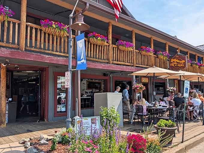 Those flower baskets and log posts frame the entrance to mountain comfort food that tastes even better after hiking.