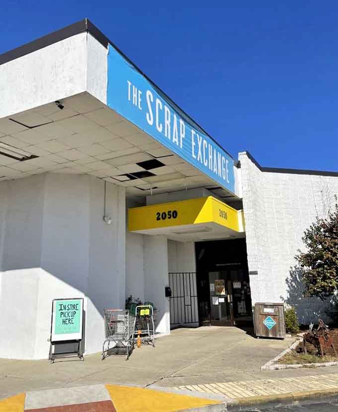 The bright blue signage against white walls creates a clean, inviting look that says "creative reuse happens here" loud and clear.