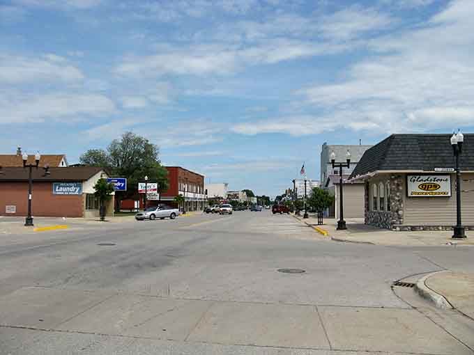 Wide streets and blue skies create the perfect backdrop for a leisurely afternoon stroll through downtown.